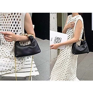 DORIS&JACKY Small Top Handle Clutch Bag Women Designer Goatskin Crossbody Purse With Pearl Handle And Detachable Metal Chain (Black)