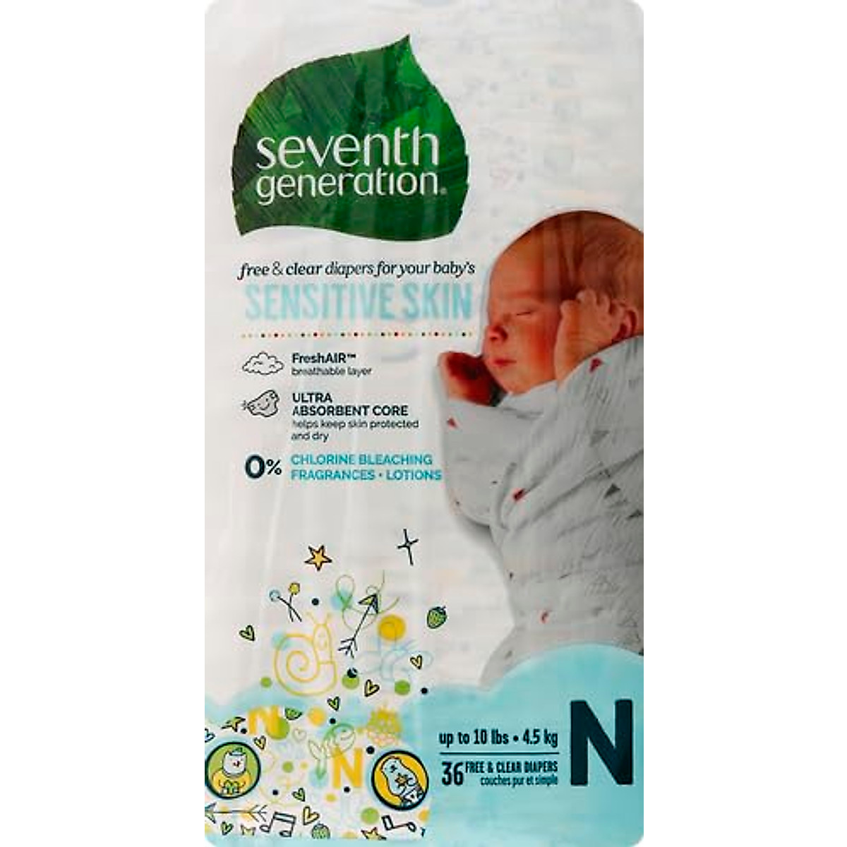 Seventh Generation Baby Diapers for Sensitive Skin, Animal Prints, Size 0 Newborn, 36 count