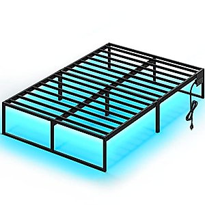 Rolanstar Bed Frame with USB Charging Station, Full Bed Frame with LED Lights, Platform Bed Frame with Heavy Duty Steel Slats, 14" Storage Space Beneath Bed