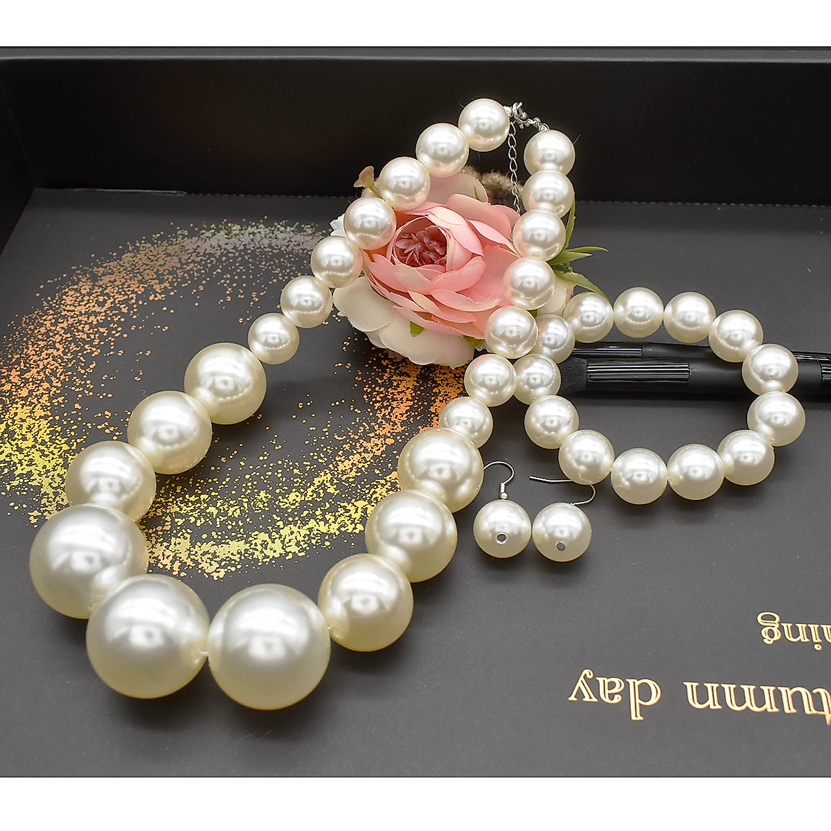 utop JNF Hand made Pearl Statement Necklace for Women Rhinestone Multilayer Crystal Necklaces Chunky Pearl Necklace Large Pearl Necklace and Earrings Set for Mother Mom's gift