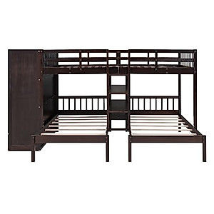 RORIGAT Full Over Twin&Twin Triple Bunk Bed with Large Wardrobe, Drawers and Shelves Storage, Wooden L-Shaped Bunkbed Frame w/Mirror for 3 Kids Teens Adults Bedroom, Full/Twin/Twin,Espresso