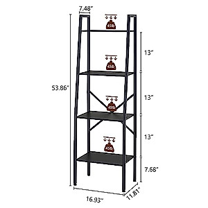 Hoctieon Ladder Shelf Bookcase, 4-Tier Ladder Bookshelf, Tall Bookshelf with Metal Frame, Industrial Bookshelf Ladder, for Living Room, Kitchen, Home Office, Bedroom, Simple Assembly, Black