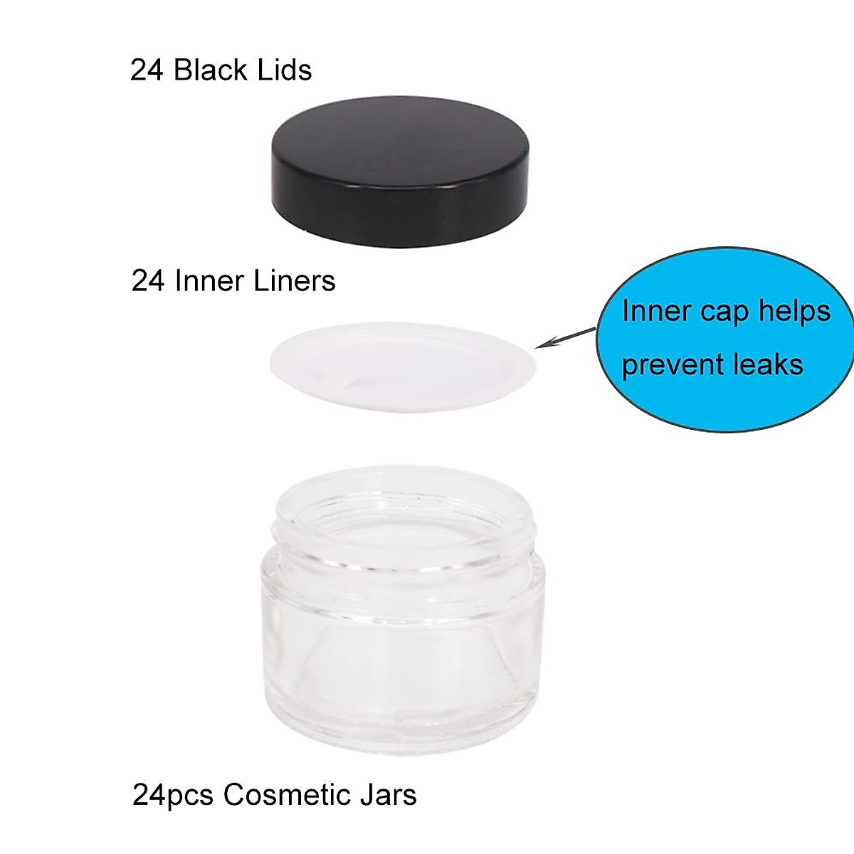 BPFY 24 Pack 2 oz Round Clear Glass Cosmetic Jars with Inner Liners and Black Lids, Travel Jars, Refillable Containers for Makeup, Cream, Lotion, Sugar Scrubs, Eye Shadow, Slime, Paint, Jewelry