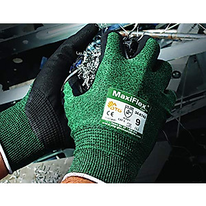 3 Pack MaxiFlex Cut 34-8743 Cut Resistant Nitrile Coated Work Gloves with Green Knit Shell and Premium Nitrile Coated Micro-Foam Grip on Palm & Fingers. Size: Small
