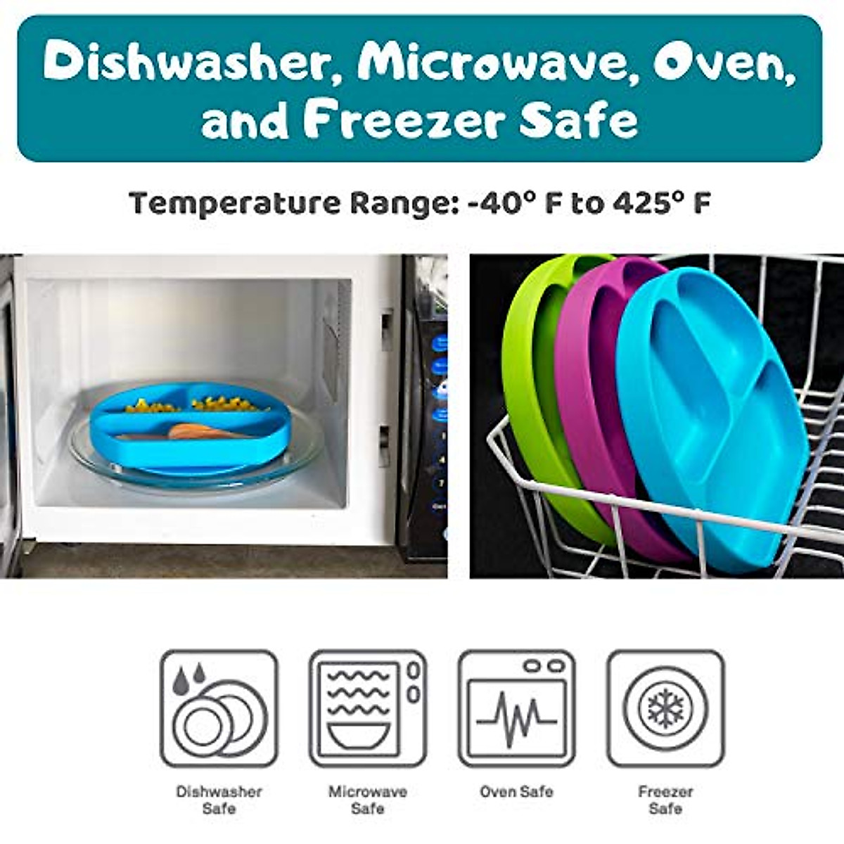 Silikong Suction Plate for Toddlers | BPA Free, 100% Food-Grade Silicone | Microwave, Dishwasher and Oven Safe | Stay Put Divided Baby Feeding Bowls and Dishes for Kids and Infants