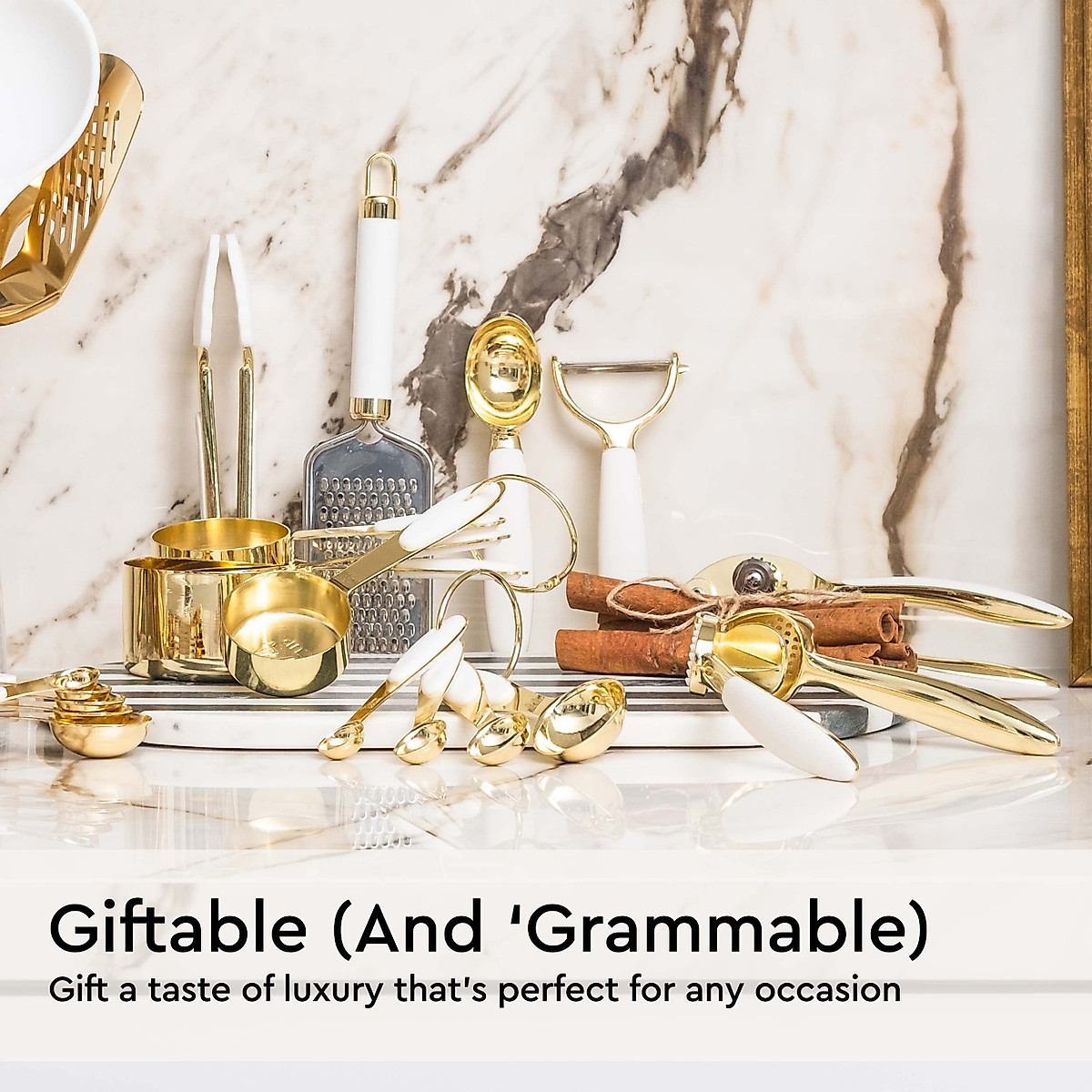 White & Gold Kitchen Tools and Gadgets - Luxe 8PC Cooking Tools and Gadgets with Anti-Slip Handles, Gold Utensils Set, Gold Kitchen Accessories and White Kitchen Utensil Set,Premium Kitchen Gadget Set