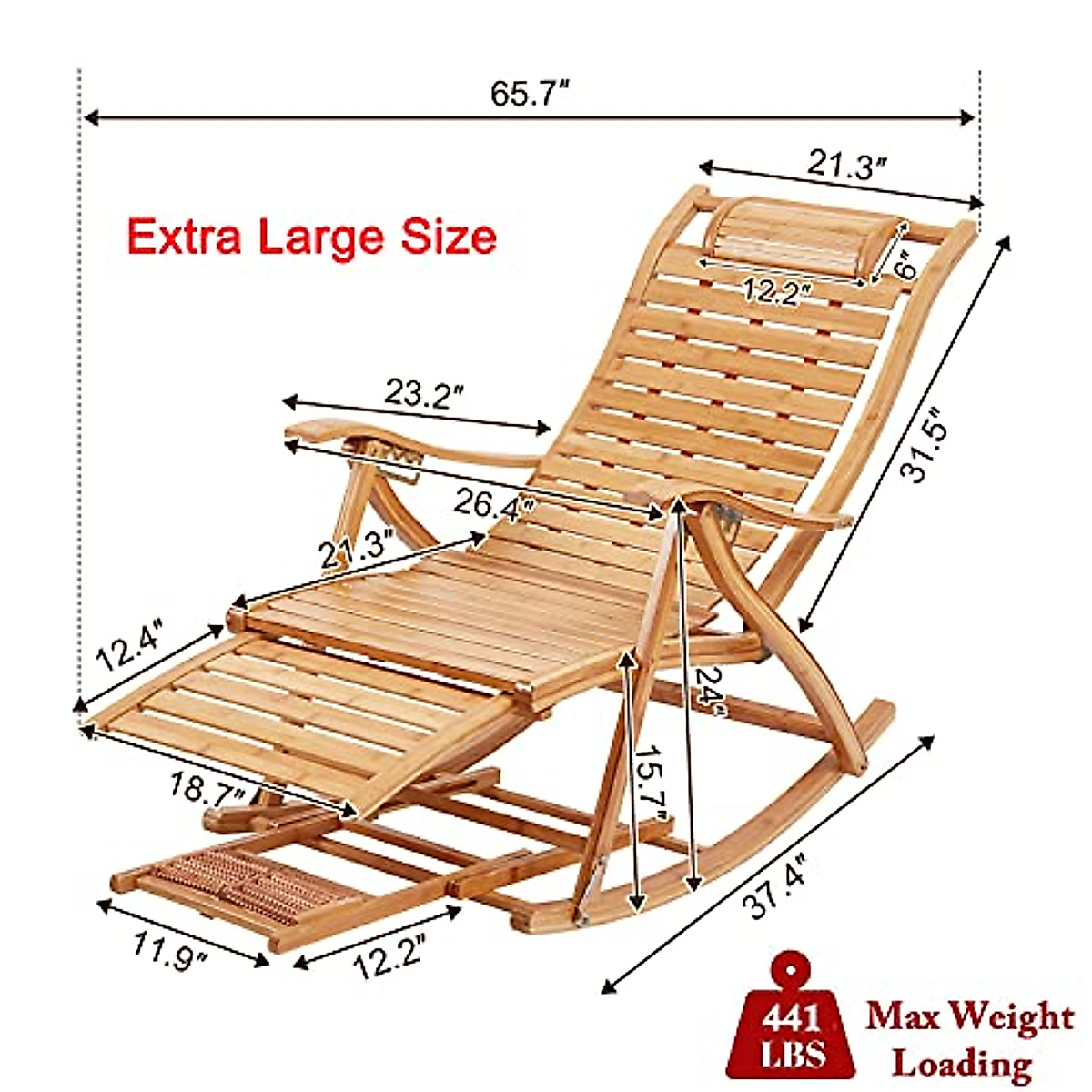 Wisfor Bamboo Lounge Chair Large Adjustable Rocking Chair Reclining Patio Chair with Headrest Pillow and Foot Massage Board for Max Loading Weight 441lbs