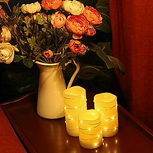H-BLOSSOM Flickering Flameless Candles Ivory Real Wax Pillar with Embedded String Lights LED Candles Battery Operated with Cycling 5H Timer Set of 3 (3" x 4"/5"/6") (Ivory)