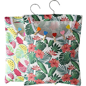 IcosaMro Clothespin Bags Set of 2 Hanging Outdoor Laundry Clothes Pin Holder Waterproof Clothes Pin Hanging Bag Clothespin Storage Organizer with Large Opening, Tropical Leaf Pattern 15x11 Inches