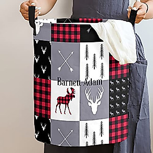 Personalized Laundry Baskets Bin, Buffalo Plaid Deer Woodland Laundry Hamper with Handles, Collapsible Waterproof Clothes Hamper, Laundry Bin, Clothes Toys Storage Basket for Bedroom, Bathroom, College Dorm 50L