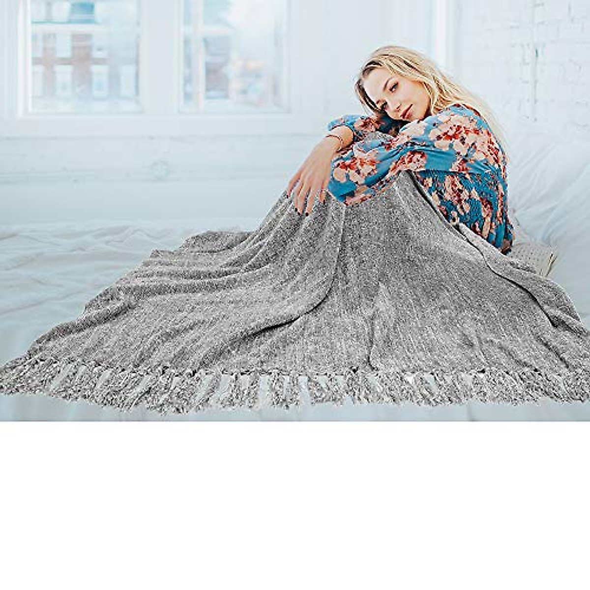 PAVILIA Chenille Tassel Fringe Throw Blanket | Velvety Textured Decorative Knit Throw for Sofa Couch Bed | Soft Boho Woven Cozy Lightweight Knitted Throw | Light Grey 50 x 60 Inches