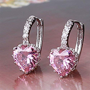 GULICX Heart shape Created Pink sapphire Cubic Zirconia Silver Tone hoops shiny earrings