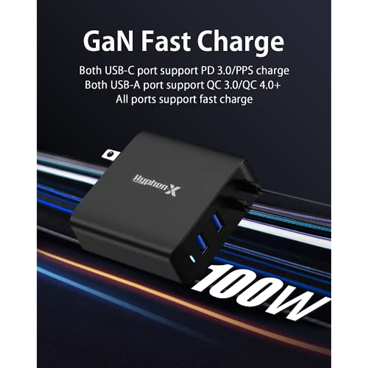 Hyphen-X 100W USB C Charger, GaN Fast Type C PD Charging Station for MacBook Pro Air 16in 14in 2021 13inch 2022, iPhone 14 13 Pro, iPad Pro Air, Galaxy, XPS, USB-C Laptops and More(Black)