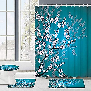 4Pcs Cherry Blossom Shower Curtain Set with Non-Slip Rugs and Toilet Lid Cover Pink Sakura Floral Blossom Teal Bath Curtains Plum Tree Bathroom Decor