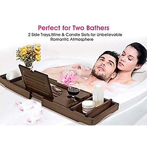 HBlife Bamboo Bathtub Caddy Tray Durable, Non-Slip, One or Two Person Bath and Bed Tray, Extending Sides Fits Any Tub, Cellphone iPad and Wineglass Holder, Free Soap Holder - Coffee