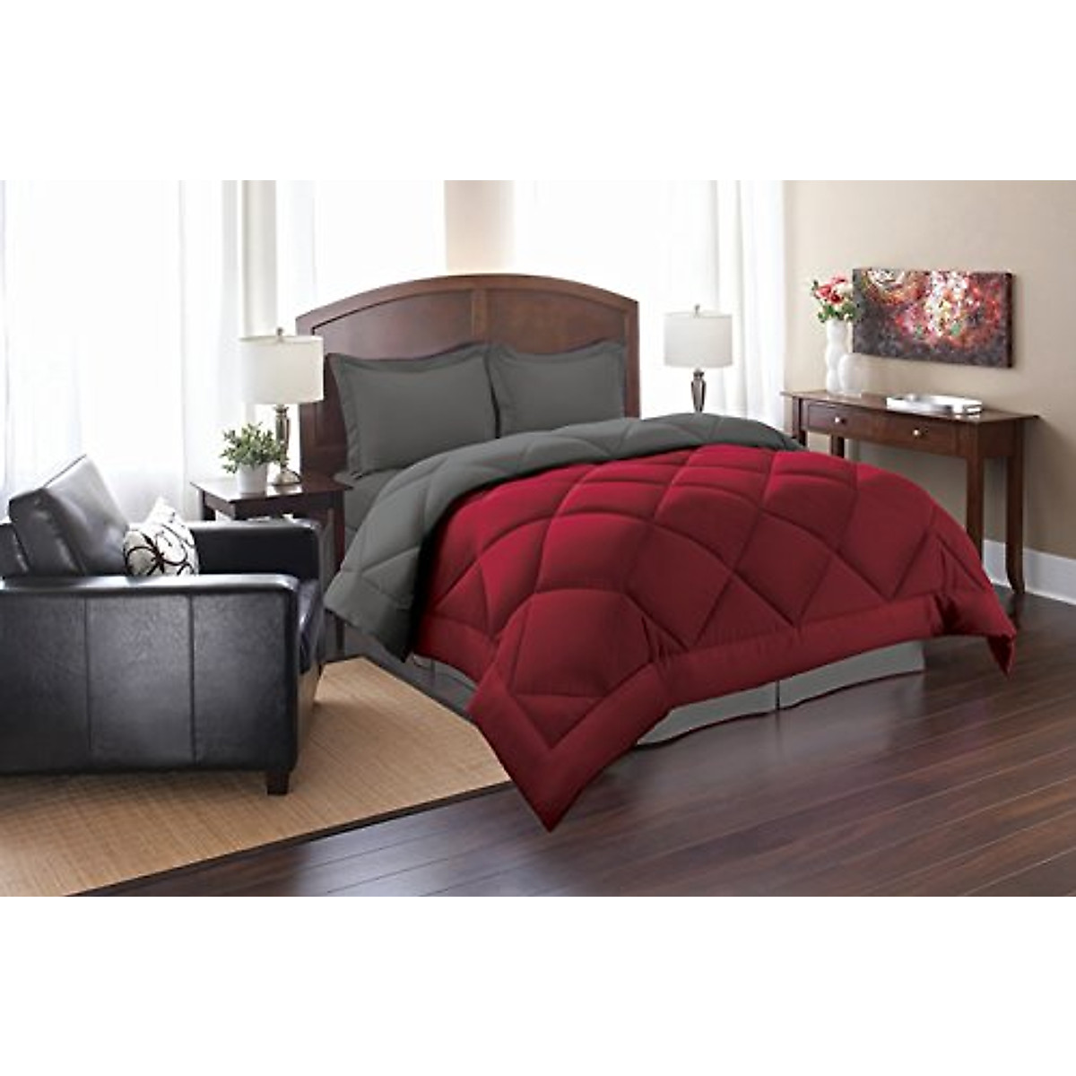 Elegant Comfort All Season Goose Down Alternative Reversible 3-Piece Comforter Set- Available in and Colors, Full/Queen, Red/Gray