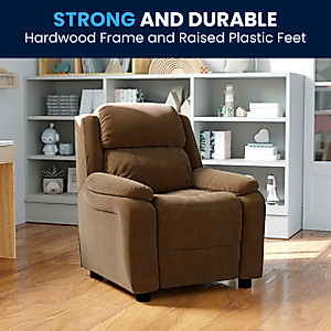 Flash Furniture Charlie Microfiber Kids Recliner with Flip-Up Storage Arms and Safety Recline, Contemporary Reclining Chair for Kids, Supports up to 90 lbs., Brown