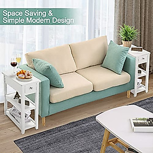 SEJOV End Table, 3-Tier White Nightstand with Drawer and 2 Shelves, Wood Look Accent Narrow Side Tables Living Room Bed Room Office, White