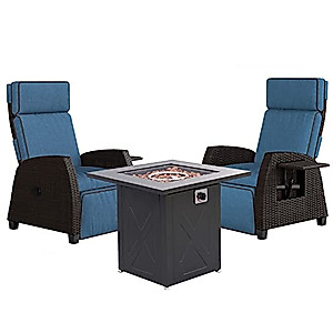 Grand patio Outdoor Furniture with Fire Pit Table Recliner Wicker Chairs 3 Pieces Reclining Chair for Patio Garden Backyard, Peacock Blue