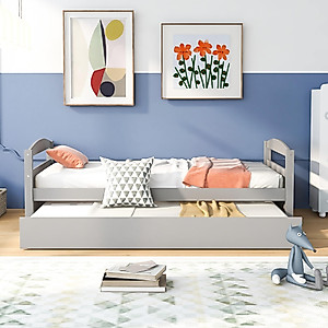 Rhomtree Twin Size Daybed with Trundle, Bed with Headboard, Wood Bed Frame, Platform Bed with Solid Construction, No Box Spring Needed(Gray, Twin)