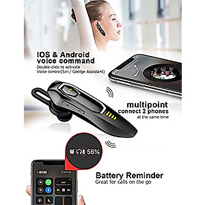 Wireless Bluetooth Earpiece V5.0 for Cell Phone, Powerful Noise Cancelling, Voice Command, Single Ear Bluetooth Headset with Microphone, Handsfree Earpiece for Trucker/Android/iPhone