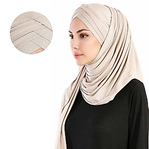 Rayiisuy Women 2PCS Set Jersey Hijab Lightweight Soft Solid Color Instant Hijab Shawls and Wraps Muslim Stretch Head Scarf (Beige,Grey) 55*180cm XYTJM