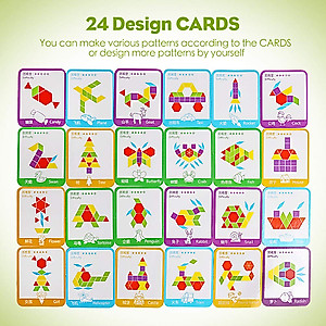Wooden Pattern Blocks Set 155 Pcs Geometric Shape Puzzle Kindergarten Tangram Brain Teasers Early Educational Montessori for Kids Ages 3-8 with 24 Pcs Design Cards