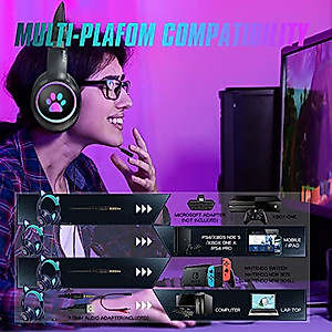 MIDOLA Gaming Wired AUX 3.5mm Cat Ear Headphone Over Ear LED Light Fit Adult & Kids Girl Boy Foldable Stereo Headset Earmuffs with Mic for PC PS4 Game Cellphone Laptop Pad Black