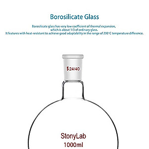 StonyLab 1000ml Glass Single Neck Round Bottom Flask RBF, with 24/40 Standard Taper Outer Joint - 1L (1 Liter)