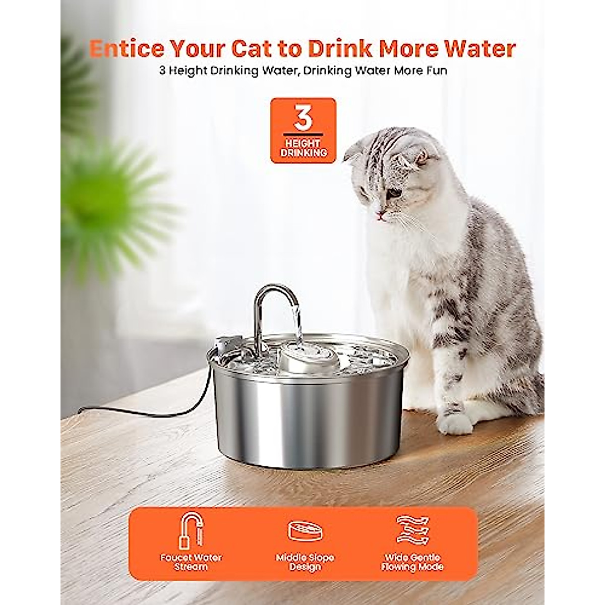 KOOGMOON Cat Water Fountain Stainless Steel, 108oz/3.2L Automatic Cat Fountain, Multi-Filtration, Easy to Clean, Ultra Silent Dog Water Dispenser for Cats, Dogs and Other Pets