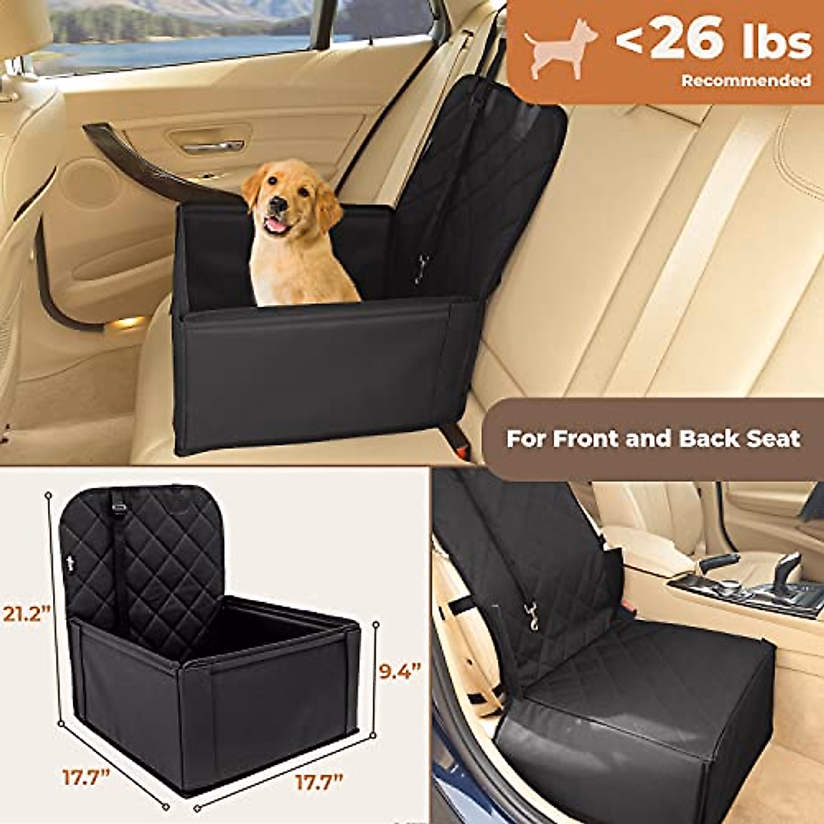 Extra Stable Dog Car Seat - Robust Car Dog Seat or Puppy Car Seat for Small to Medium-Sized Dogs - Reinforced Walls and 3 Belts - Waterproof Pet Car Seat for Back and Front Seat (Black)