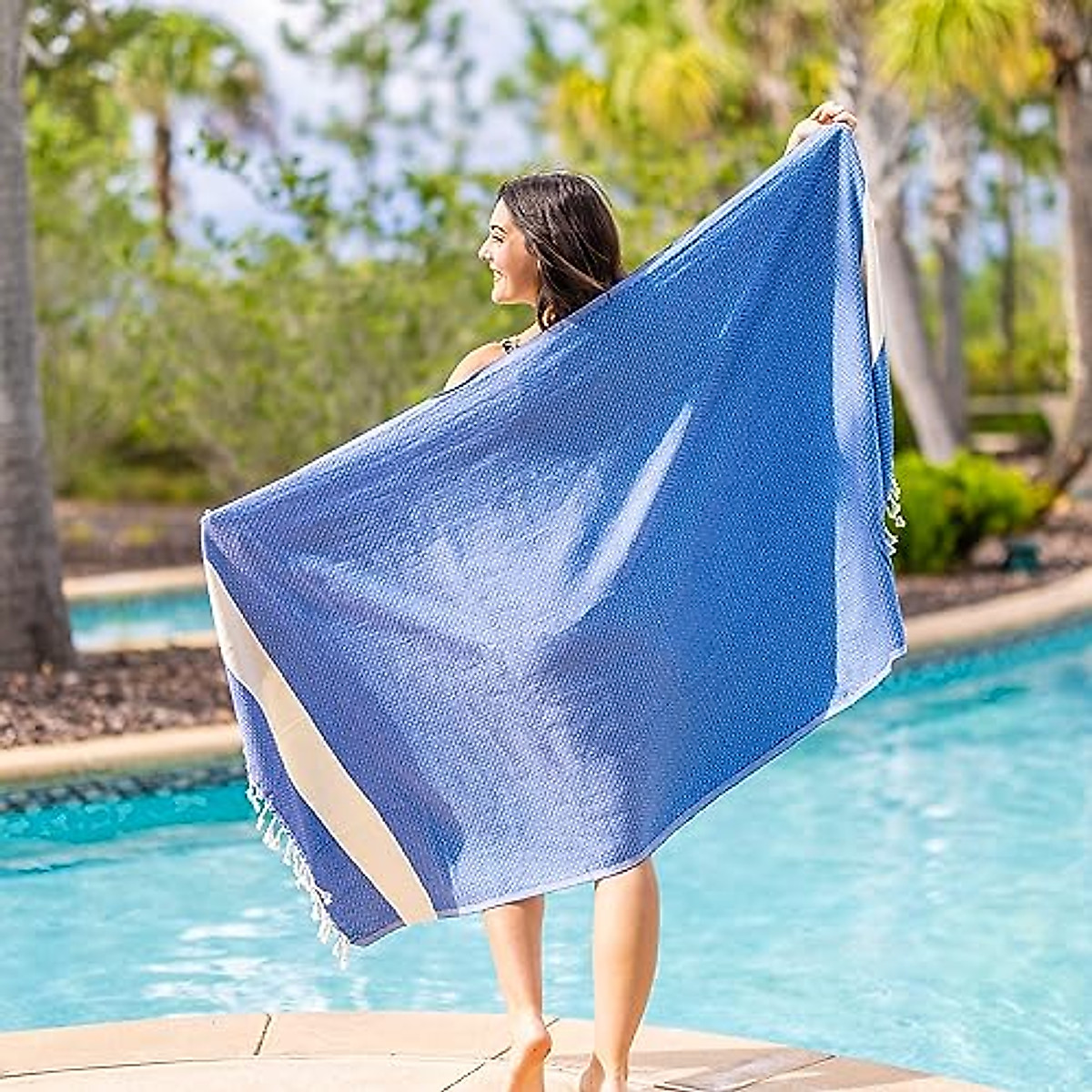 Turkish Beach Towel 100% Cotton Peshtemal Travel Camping Bath Sauna Beach Gym Pool Blanket Gift Quick Dry Sand Free Beach Towel - Blue