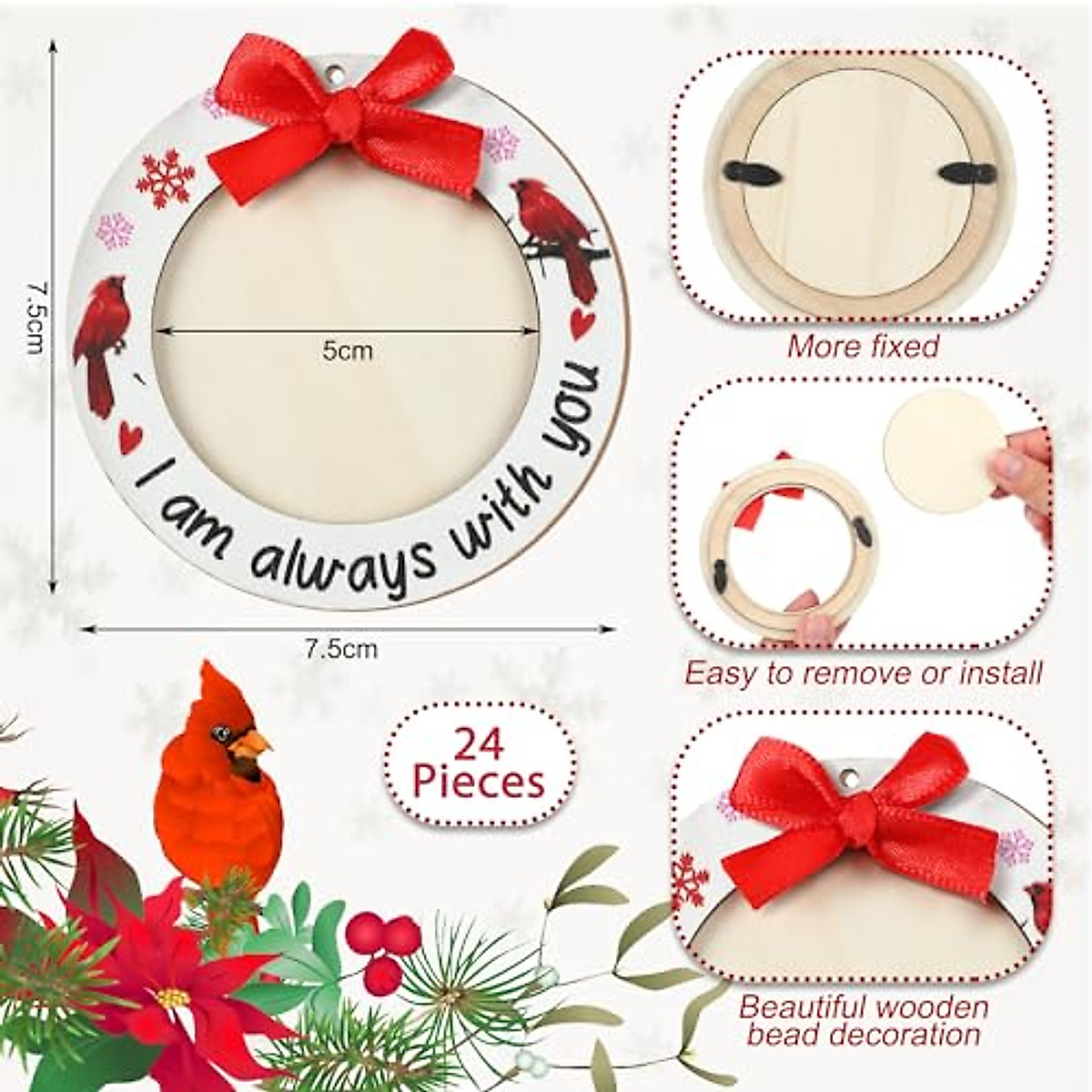 Blulu 24 Pieces Christmas Red Cardinal Picture Frames Ornaments Wooden Cardinal Photo Ornaments I Am Always with You Ornaments for Xmas Tree Decoration Cardinal Sympathy Memorial Gifts