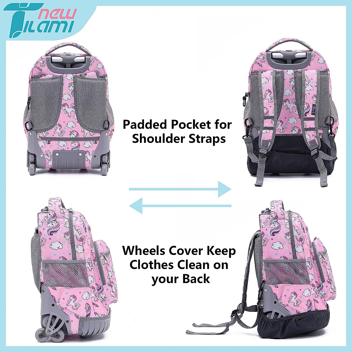 NEW TILAMI Unicorn Rolling Backpack for Kids, 18 Inches Adjustable Laptop Backpack with Wheels for Girls to School Travel Camping Boys Rolling Backpack
