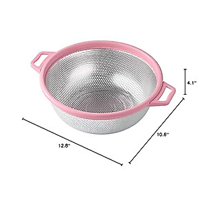 HiramWare Stainless Steel Colander With Handle and Legs, Large Metal Pink Strainer for Pasta, Spaghetti, Berry, Veggies, Fruits, Noodles, Salads, 5-quart 10.5” Kitchen Mesh Colander, Dishwasher Safe