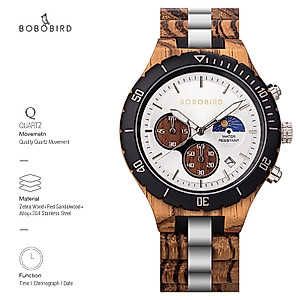 BOBO BIRD Mens Quartz Wooden Watches Stainless Steel Red Sandalwood Alloy Wood Watch for Male Classic Function Wristwatch Chronograph Luminous Hands (Silver)