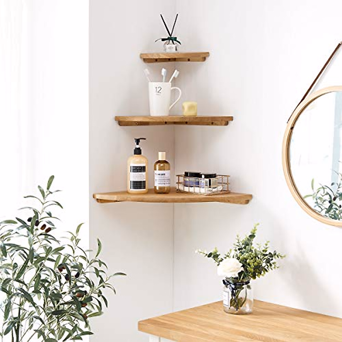 Corner Shelf, 16inch Oak Solid Wood Floating Shelf Display Shelf Round Edging Wall Mount Speaker Shelf Display Rack Organizer