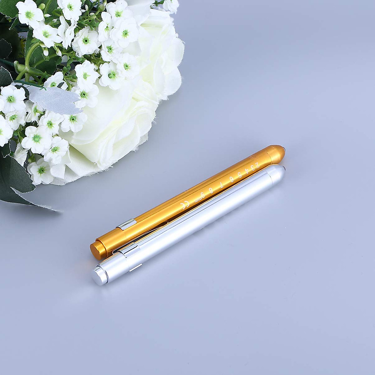 2pcs Penlight with Pupil Gauge, LED Penlight for Nurses, Reusable Medical Pen Light with Pupil Gauge and Ruler for Student Doctors, Yellow+ Silver