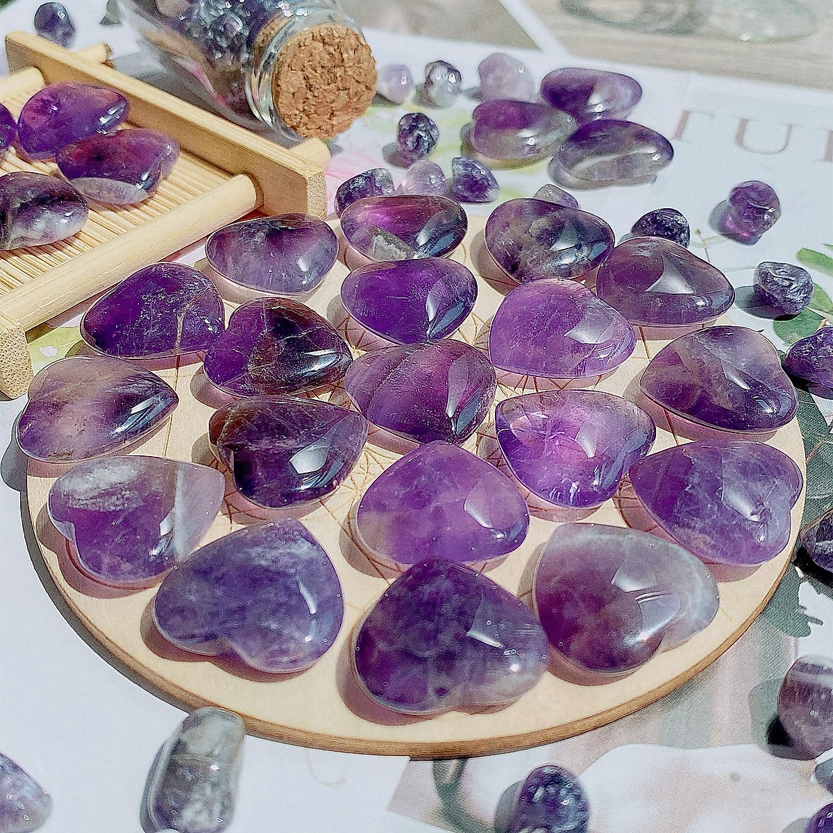 10 PCS Natural Heart Shaped Crystals Thicken Amethyst Polished Love Hearts Healing Crystal Cute Stones Palm Real Gemstone Set Wholesale Reiki Energy Balancing Meditation Bulk Gift for Mothers Day