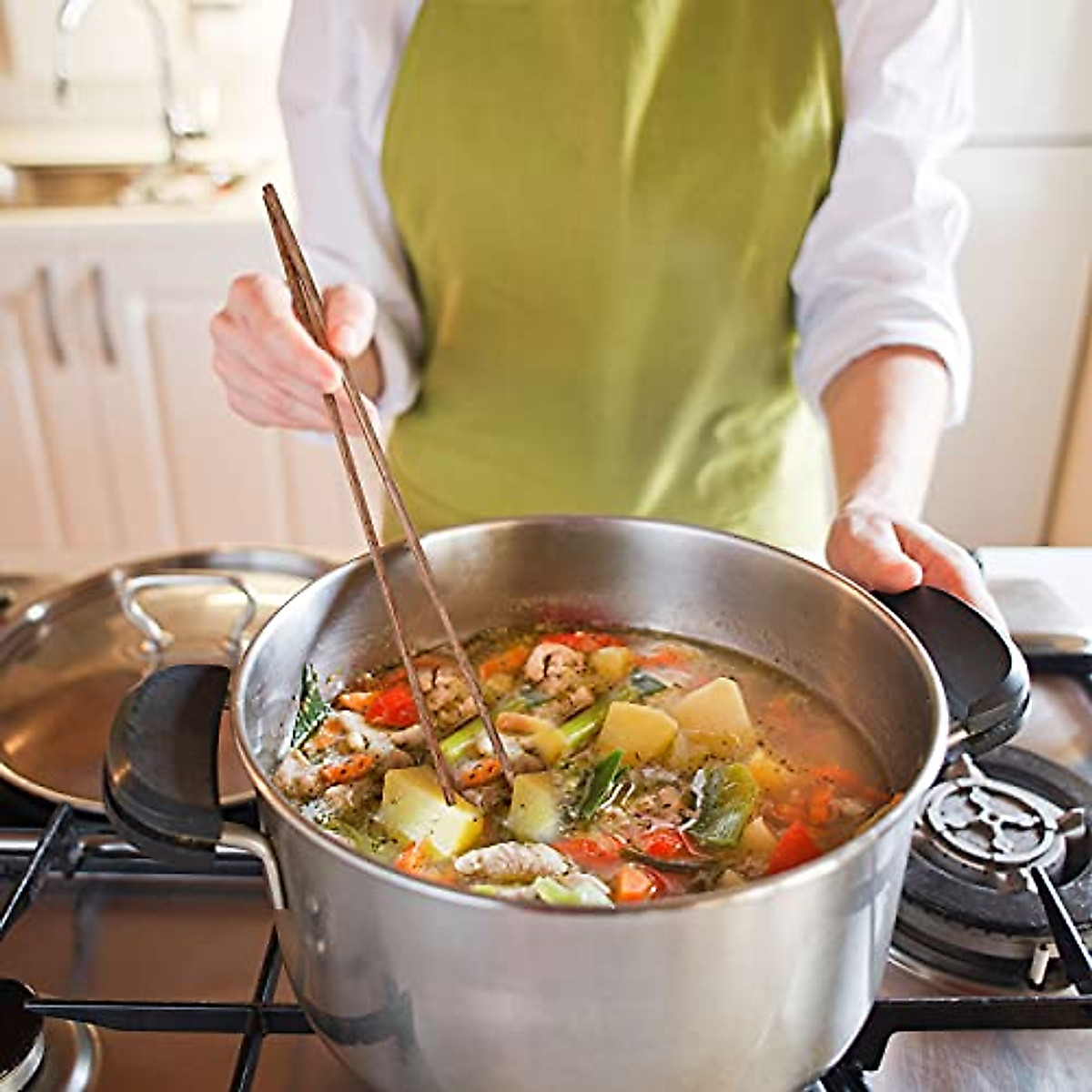 4 Pairs Long Cooking Chopsticks 15.3 Inch Extra Long Stainless Steel Chopsticks with Non Slip Threaded and 16.5 Inch Wooden Noodles Kitchen Cooking Frying Chopsticks (Silver, Wood Color)