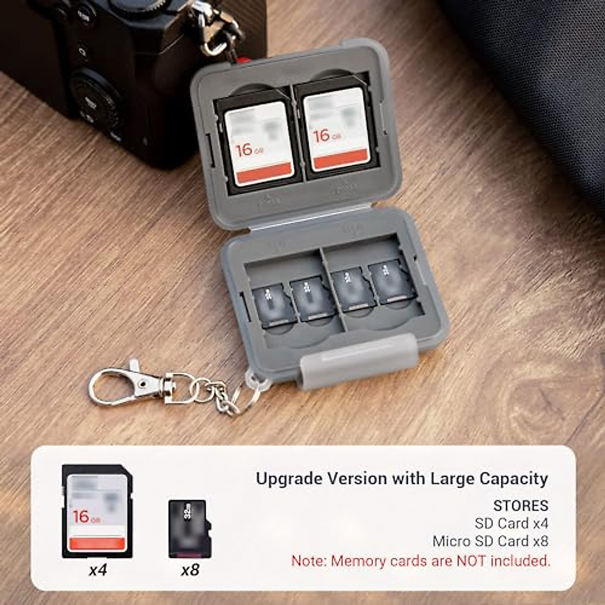 PROfezzion SD Card Holder Case Water-Resistant: Portable 12 Slots Memory Card Case for 8 Micro SD Card & 4 SD/SDXC/SDHC Card, Memory Card Hard Carrying Box Keeper Protector with Rubber Interior Grey