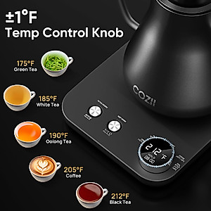 COZII Gooseneck Electric Kettle, 5 Presets & ±1℉ Temperature Control 1200W Quick Heating Water Boiler for Coffee/Tea, 24H Keep Warm, Auto Shut Off Pour Over Kettle with 50pcs Coffee Filter,0.9L Black