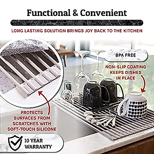 Bellemain Over The Sink Dish Drying Rack | Silicone Dish Drying Mat, Space Saving Drying Rack for Kitchen Counter, Stainless Steel Dish Rack Over Sink | Multipurpose Heat Resistant Mat (Gray, Medium)