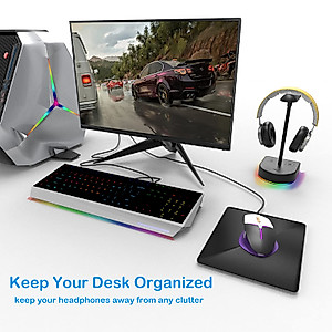 RGB Headphone Stand with Wireless Charger Desk Gaming Headset Holder Hanger Rack with 15W/10W/7.5W QI Charging and USB Port Suitable for Gamer Desktop Table Game Earphone Accessories