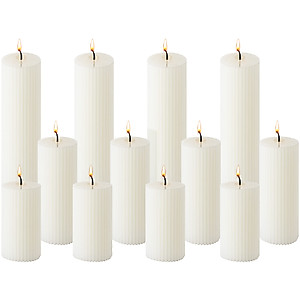 Set of 12 Ribbed Pillar Candles Soy Wax Home Decor Modern White Candles with Cotton Wick for Wedding, Home, Restaurants, Spa, Church Decoration, 2 x 3 Inch, 2 x 6 Inch, 2 x 8 Inch