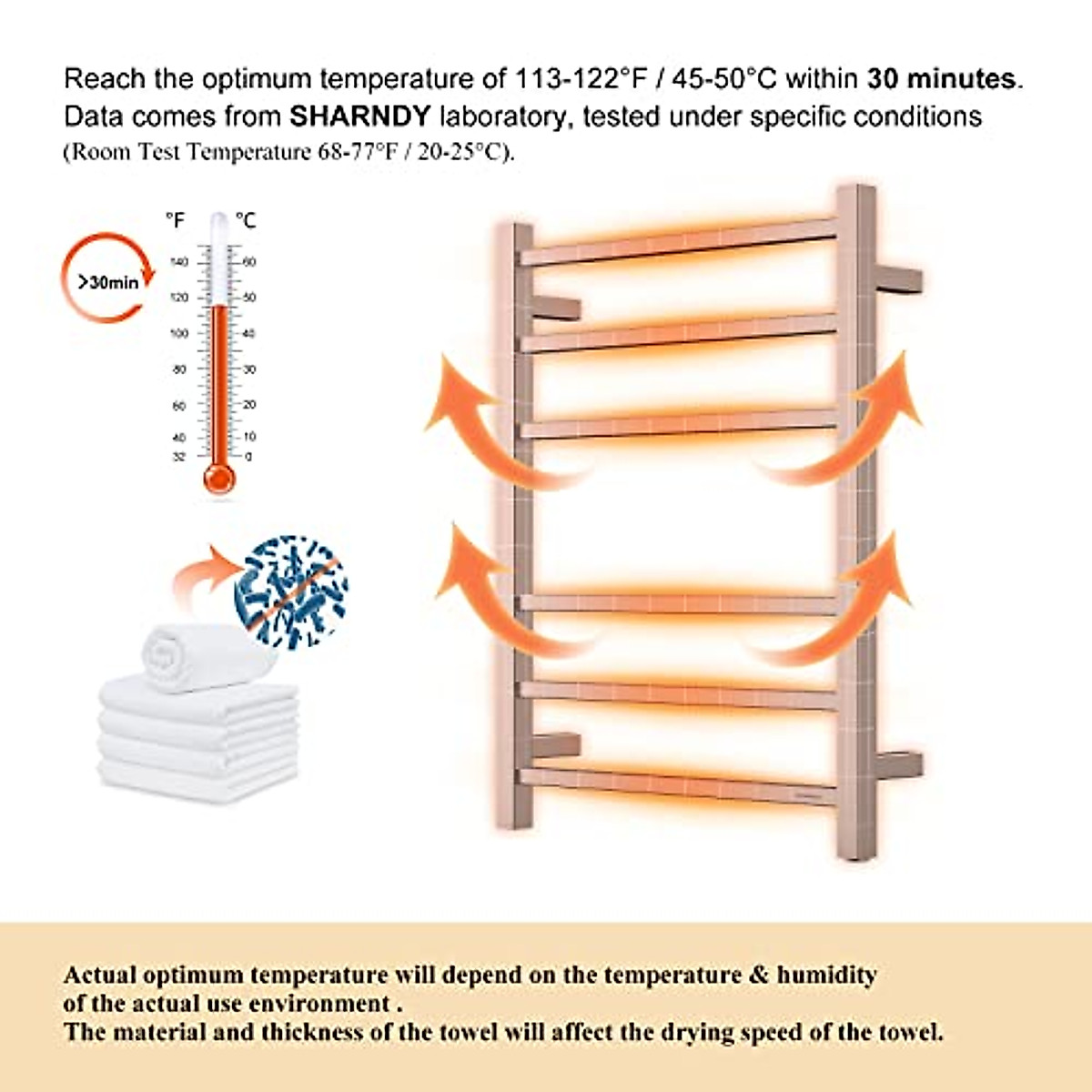 SHARNDY Towel Warmer Brushed Nickel for Bathroom Wall Mounted Bath Towel Heater Plug-in Electric Heated Towel Rack Stainless Steel Square 6 Bars Drying Rack ETW13C 68W 26.77x20.47x4.13 inches