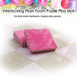 16 Pcs Interlocking Carpet Square Tiles with Border, Plush Puzzle Play Mats, Thick Fluffy Foam Floor Mats for Playoom Area Rug - 12" X 12"(Color:Light Blue+Beige)