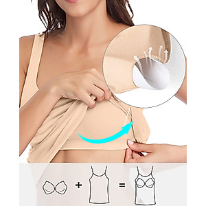V FOR CITY Women's Built-in Bra Tank Adjustable Wide Strap Camisole Tops Scoop Neck Cotton Cami Shirts M