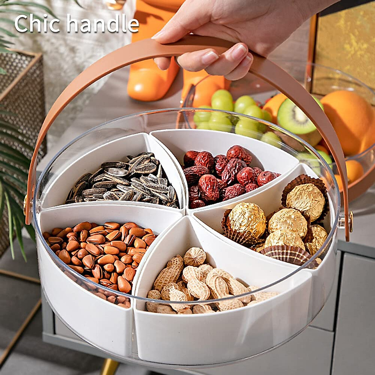 Clear Divided Serving Tray with Lid and Handle, Round Portable Plastic Veggie Tray Party Platter Food Storage Container Box for Snack Dried Fruit Nuts Candy Appetizer Vegetable
