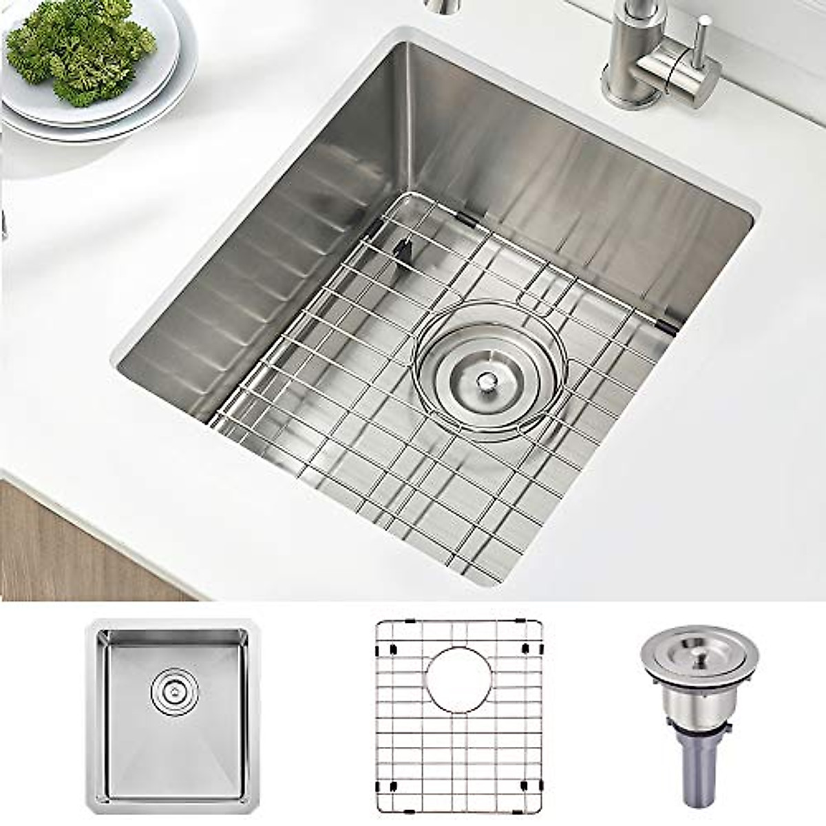 Stainless Steel Undermount Bar Sink, BoomHoze 15 x 17 Inches Small Wet Bar Sink Undermount 16 Gauge SUS304 Brushed Nickel Single Bowl Outdoor Bar Sink